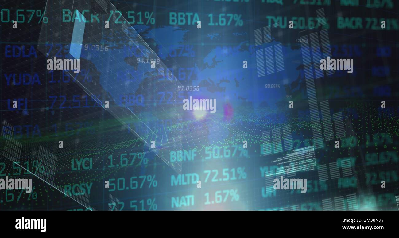 Image of lens flare, trading board, maps and bar graphs against abstract background. Digitally ...