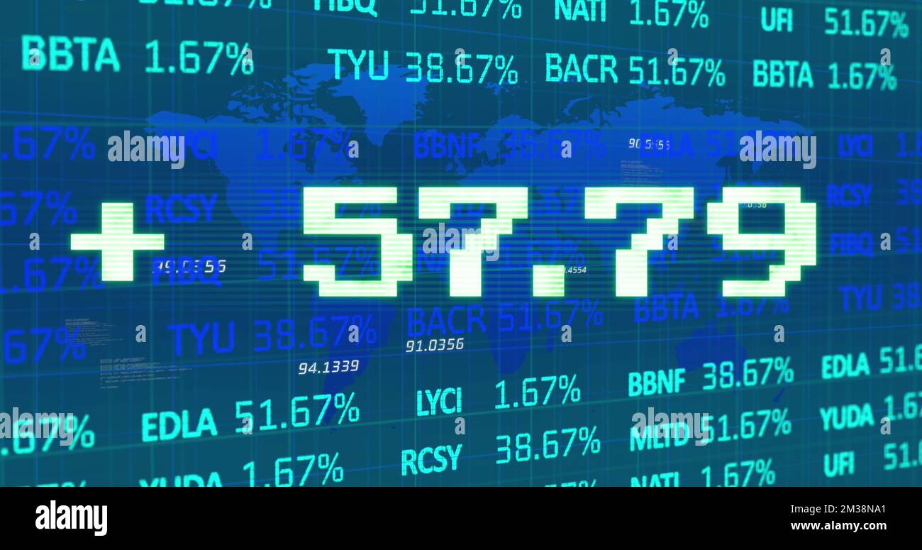 Image of addition symbol with numbers and trading board against map ...