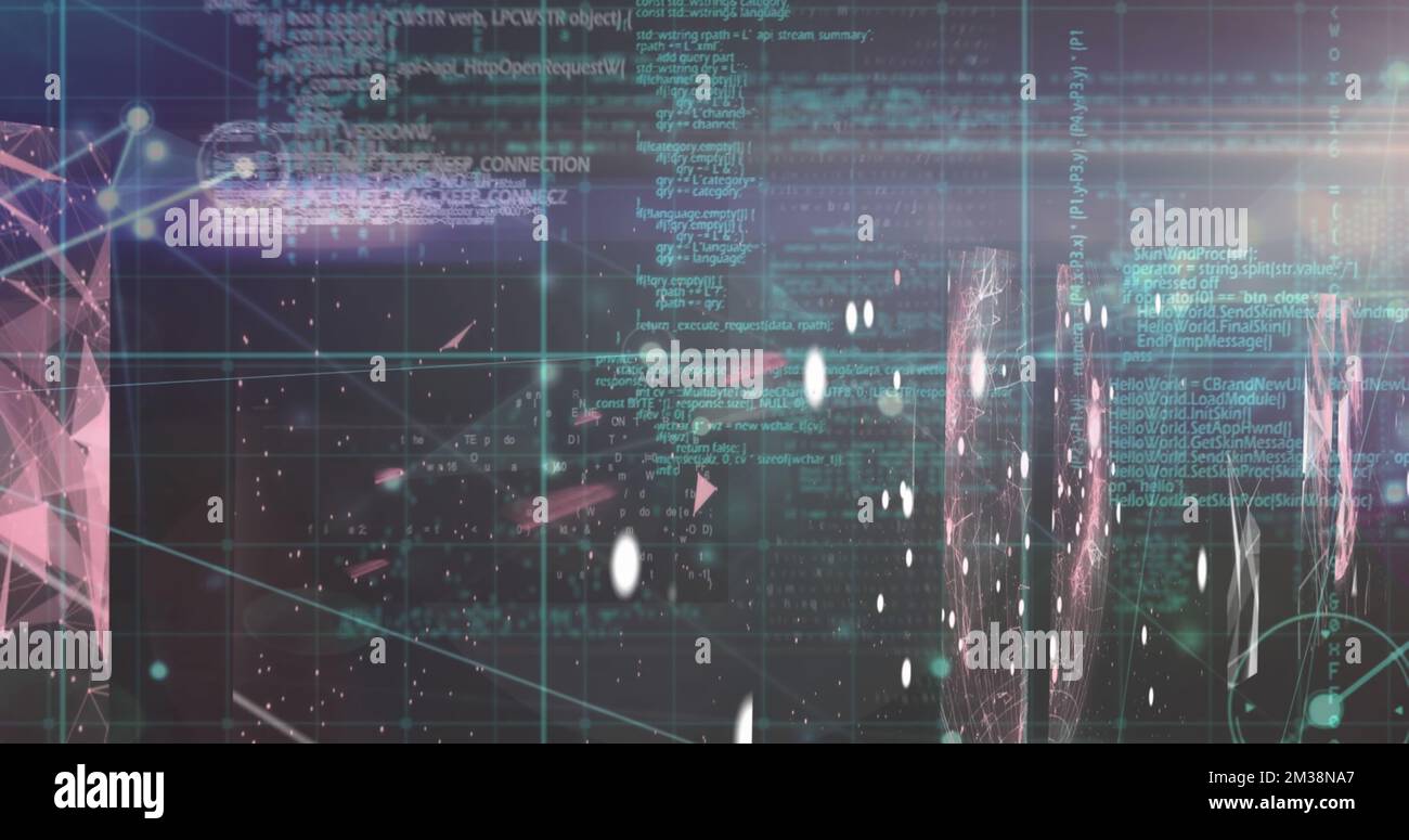 Image of diverse financial data and globe over screens in red and network of connections. Global ...