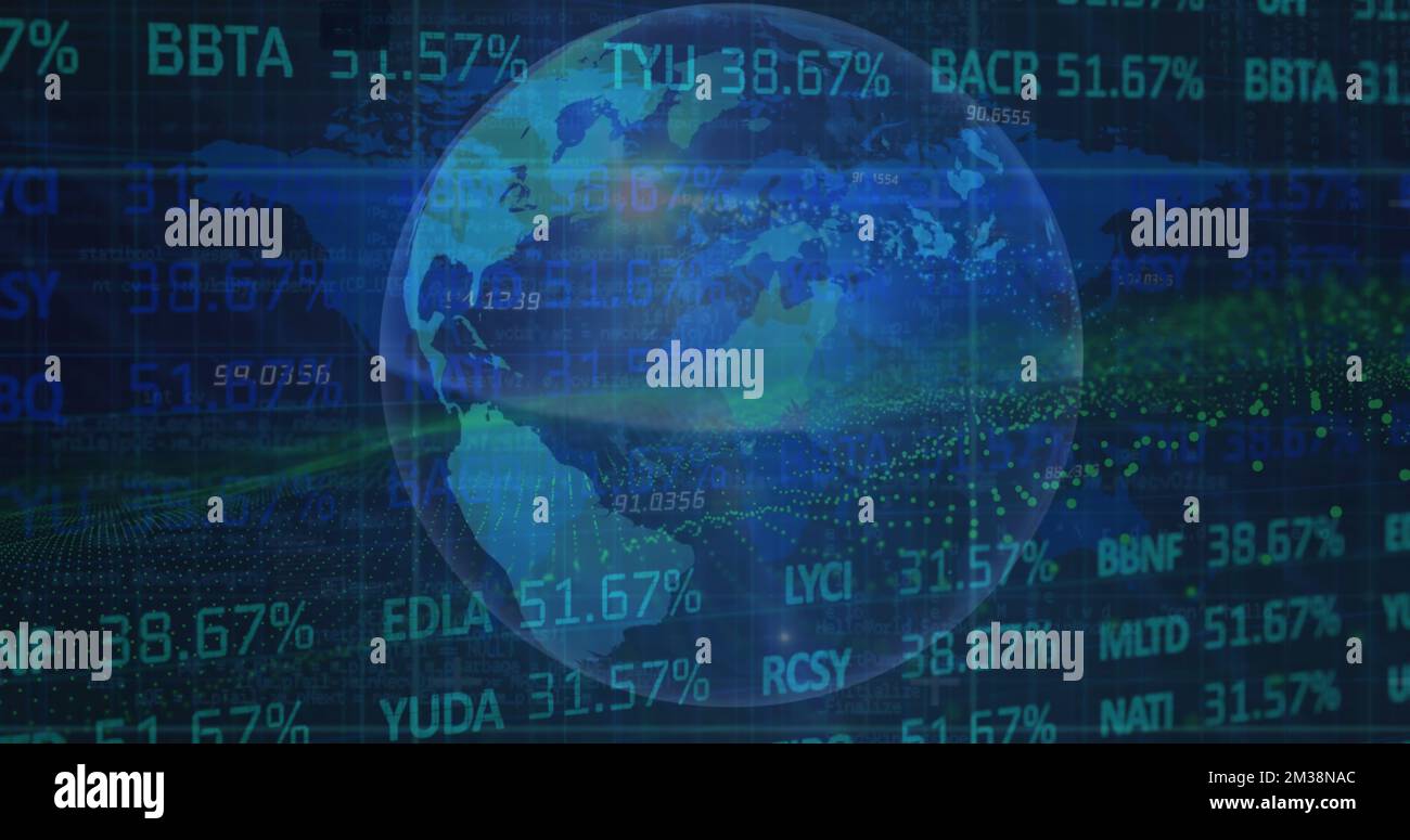 Image of lens flare, trading board, map and rotating globe over ...