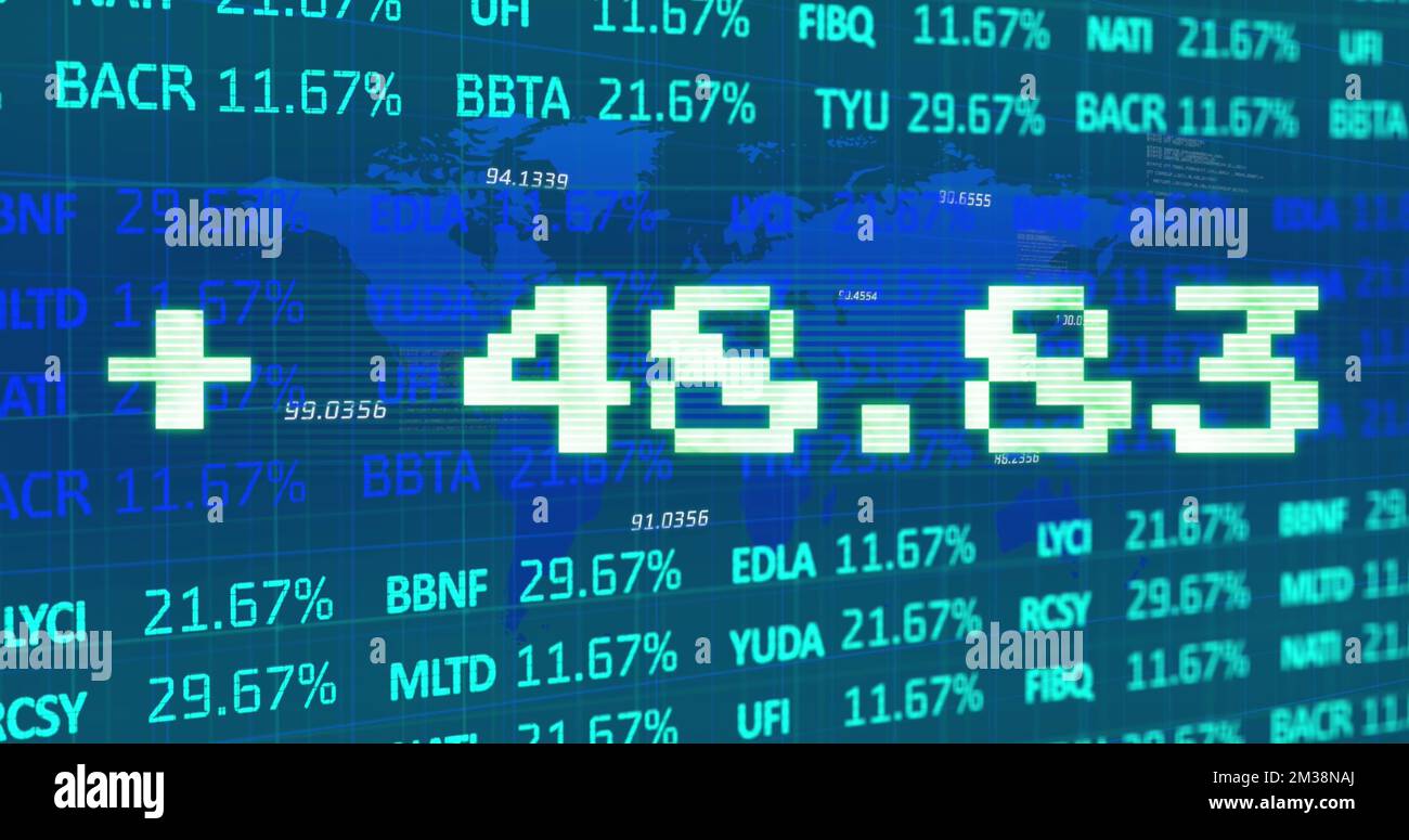 Image of addition symbol with numbers and trading board against map ...