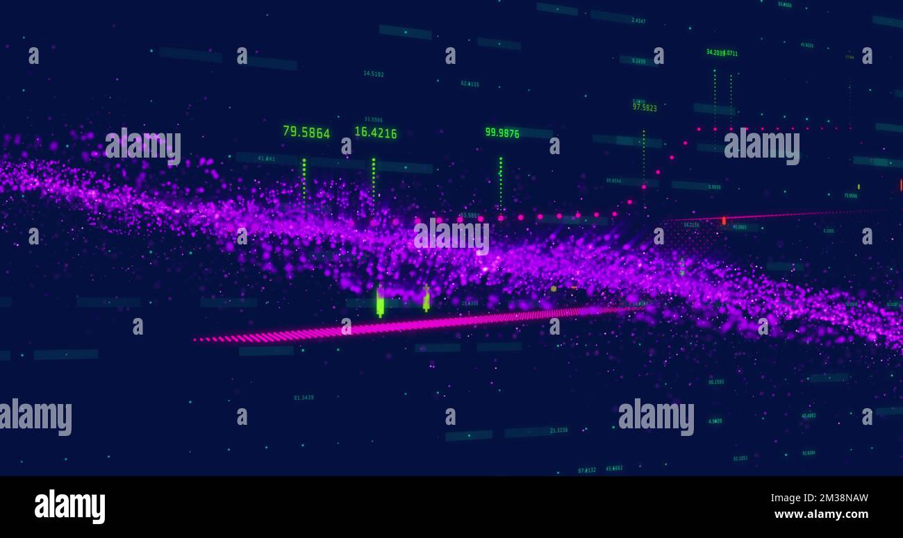Image of purple wave pattern and green dots forming line graph over ...