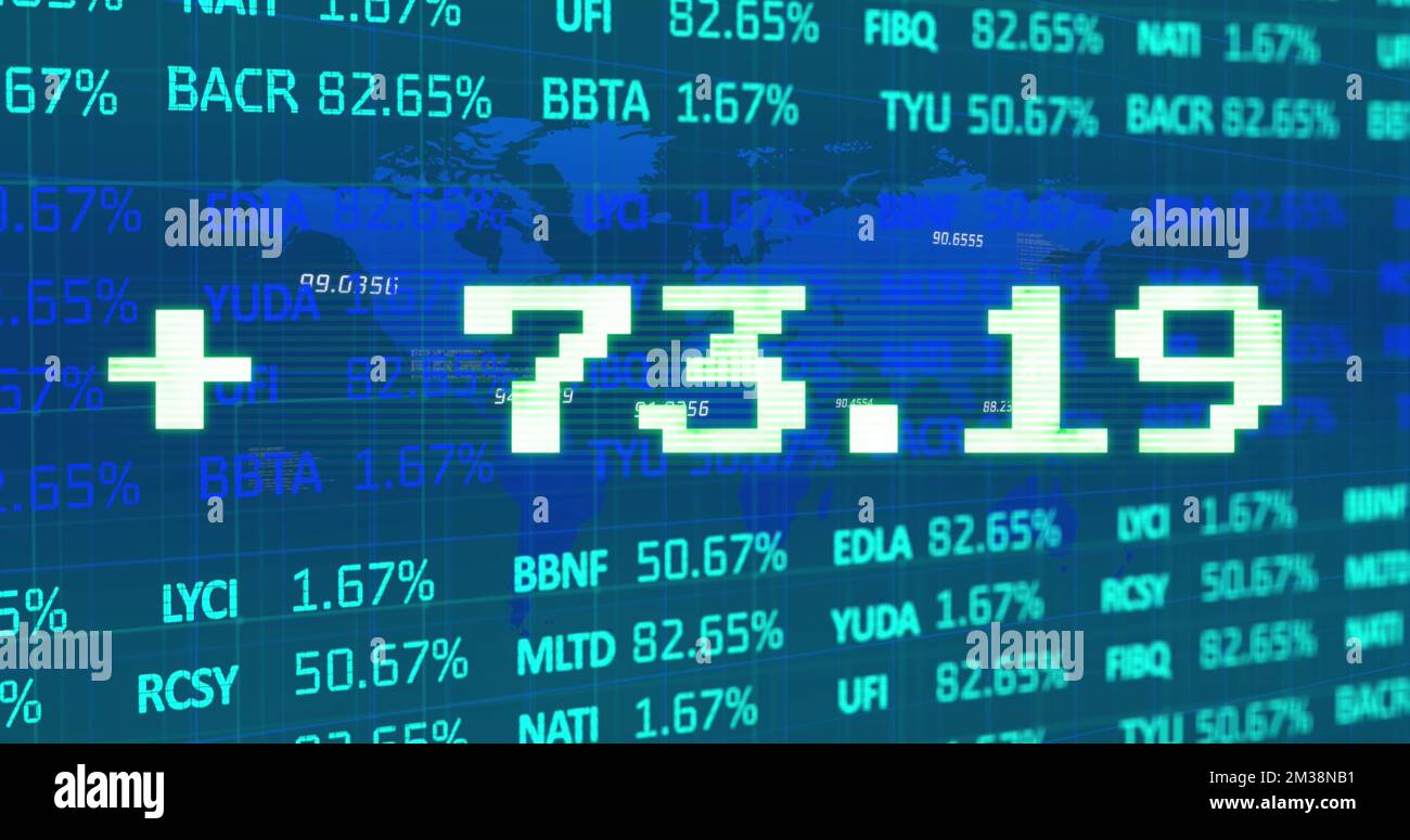 Image of addition symbol with numbers and trading board against map ...