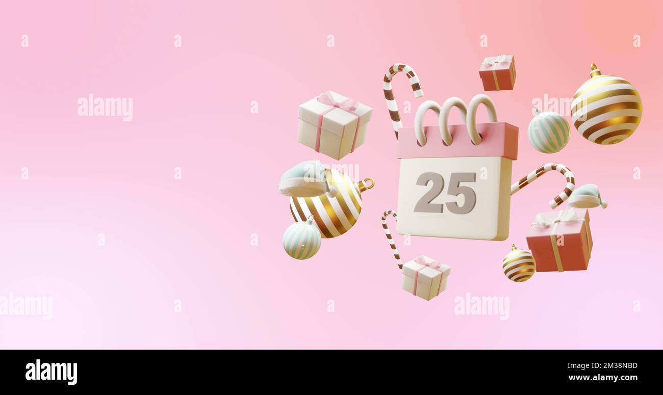 Composition of calendar with number 25 and christmas decorations on ...