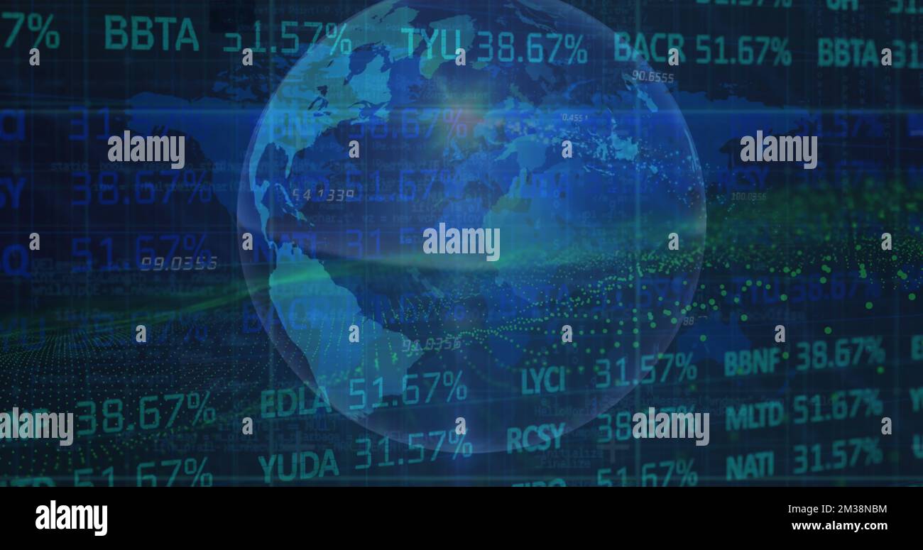 Image of lens flare, trading board, map and rotating globe over ...