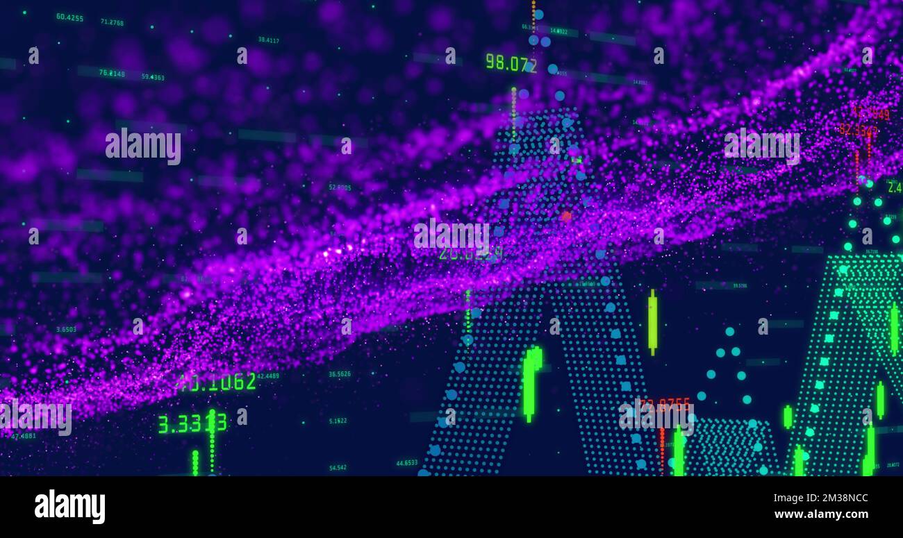 Image of purple wave pattern and green dots forming line graph over ...