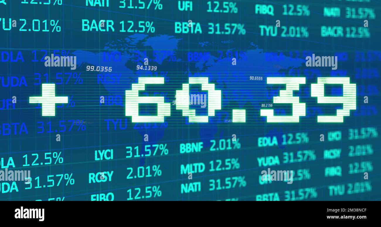 Image of addition symbol with numbers and trading board against map ...