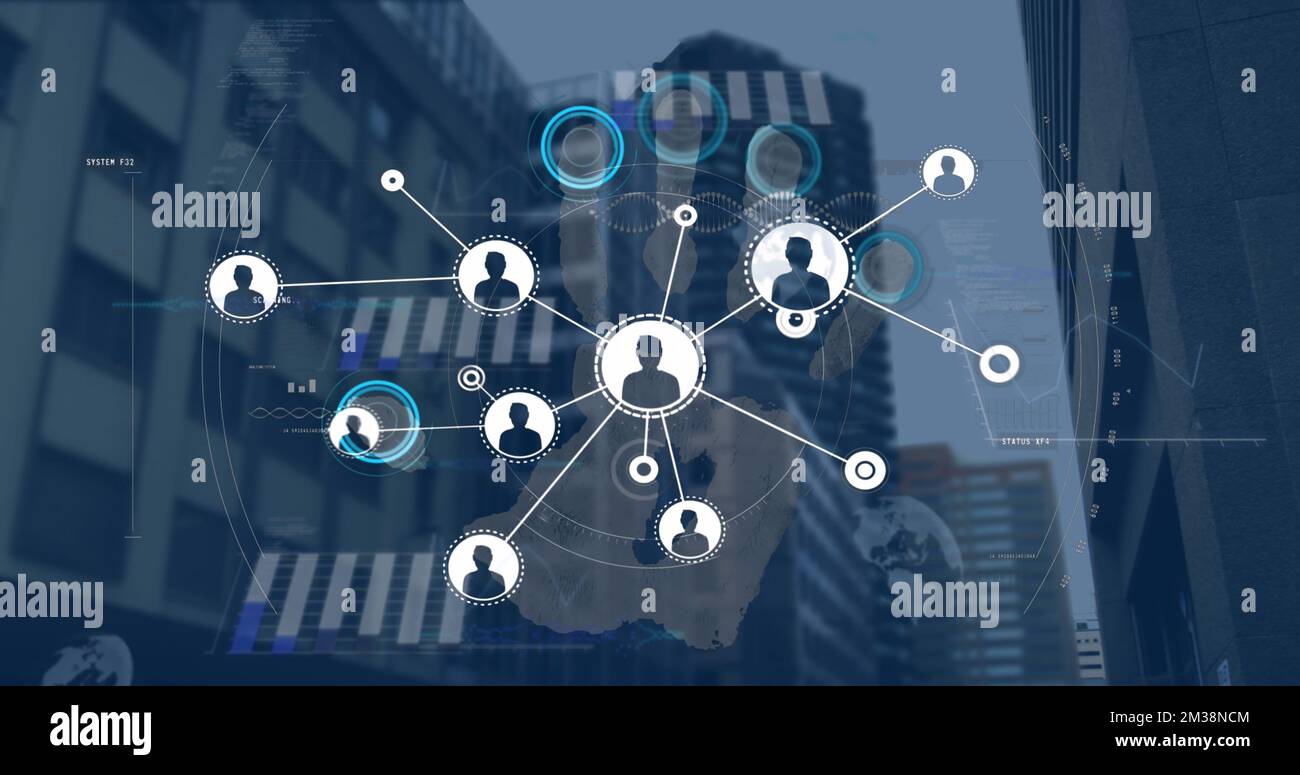 Image of profile icons connecting dots, data with graph, globe ...