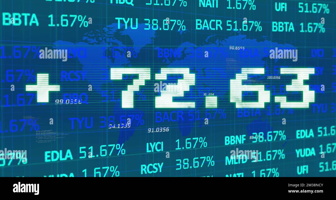 Image of addition symbol with numbers and trading board against map ...