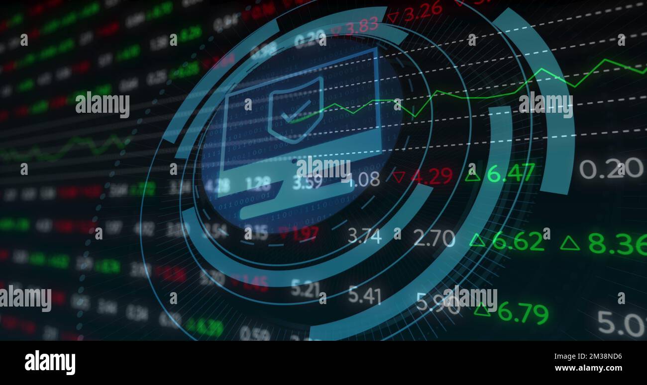 Image of scope scanning with computer icon over stock market on black ...