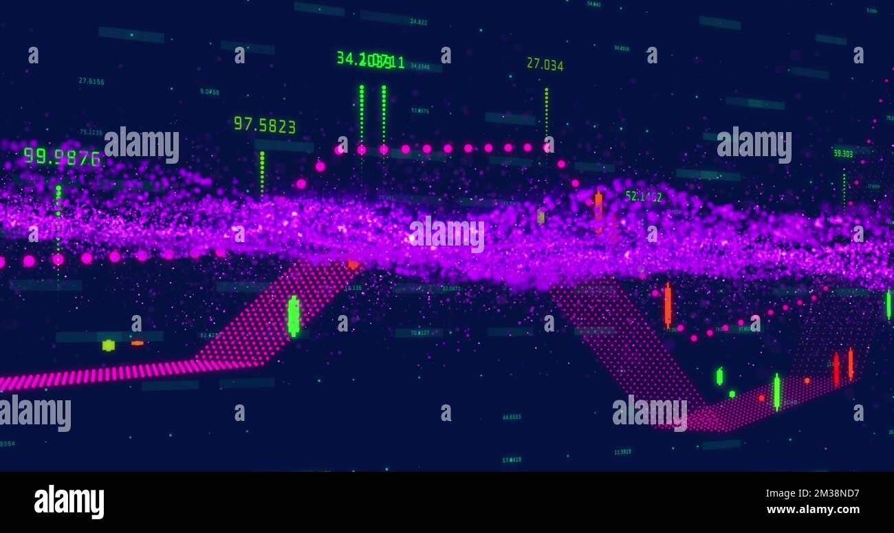 Image of purple wave pattern and green dots forming line graph over ...