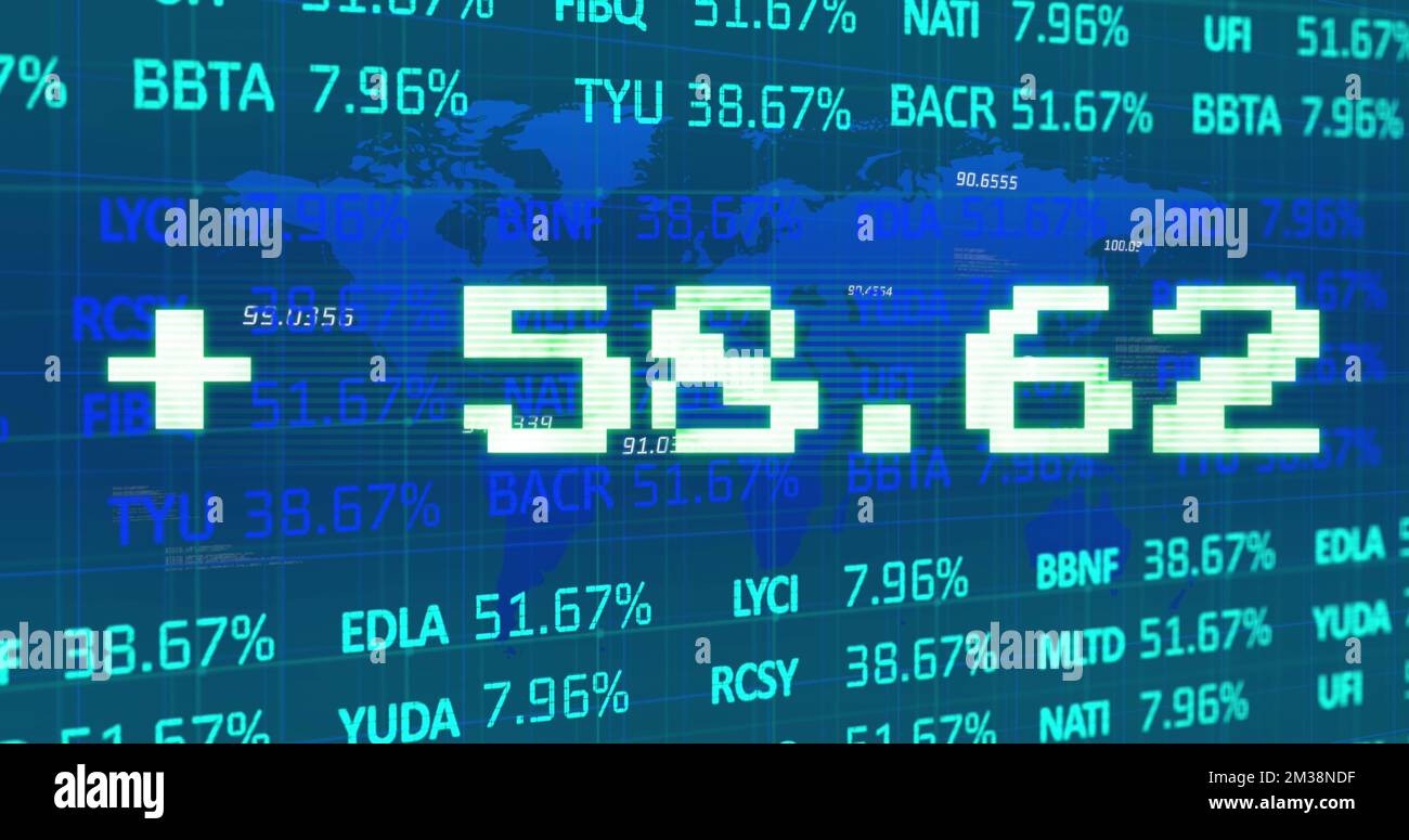 Image of addition symbol with numbers and trading board against map ...