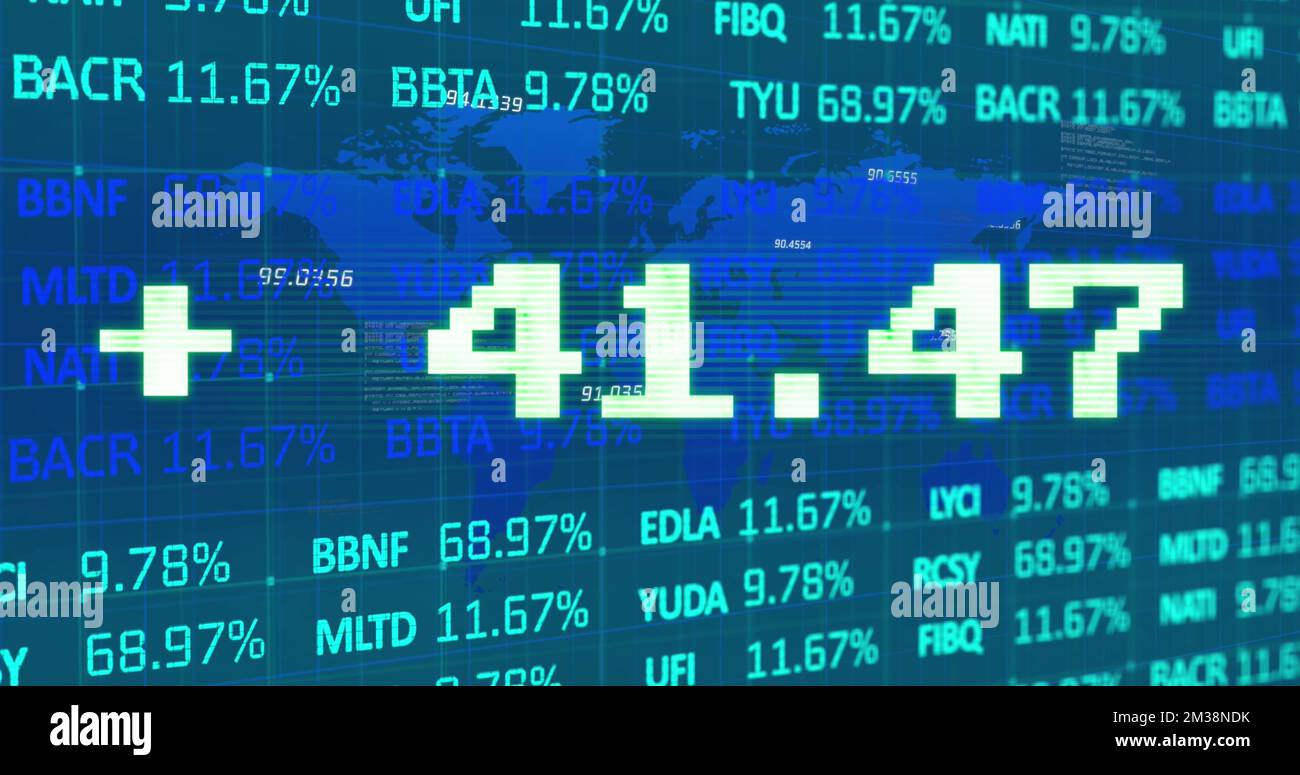 Image of addition symbol with numbers and trading board against map ...