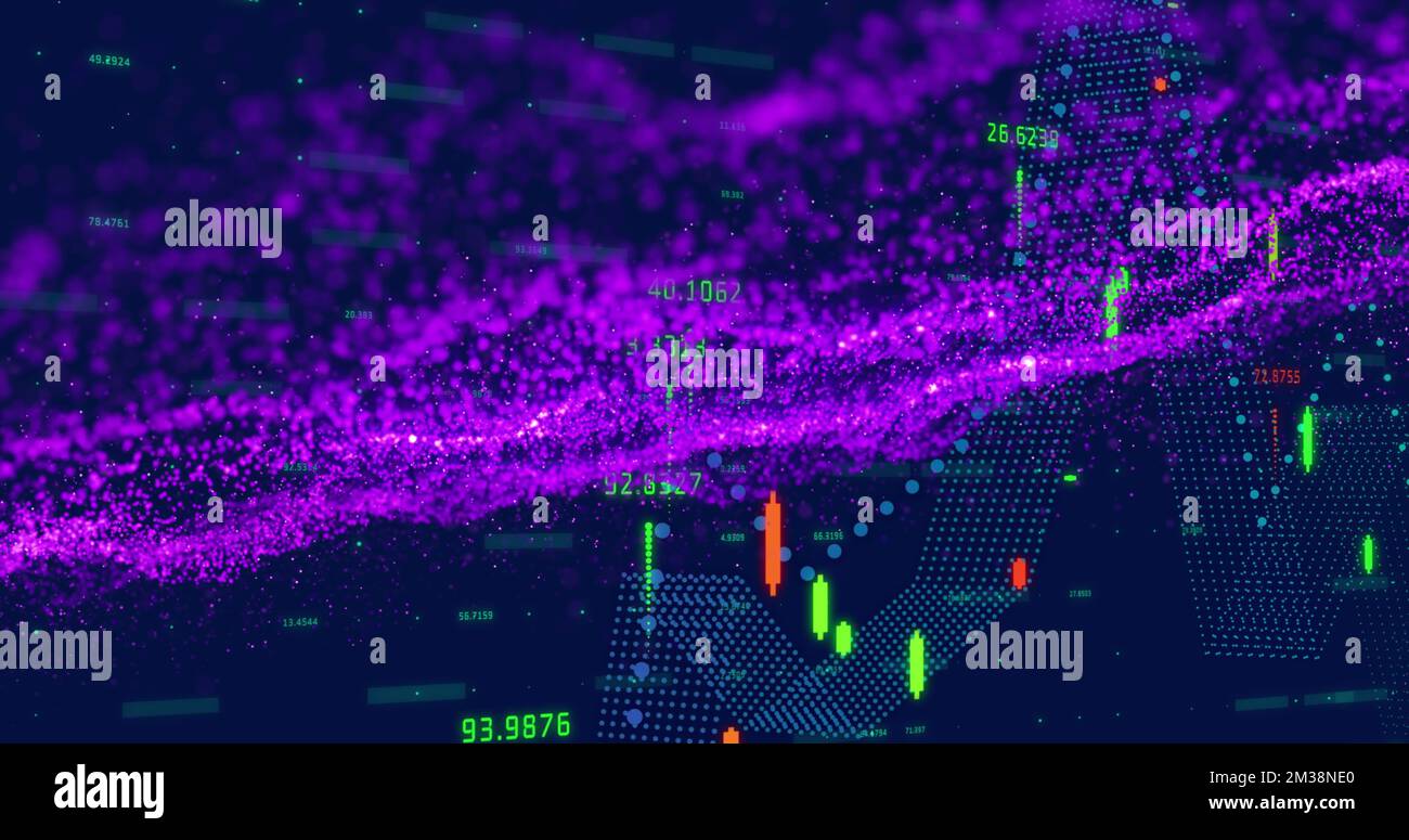 Image of purple wave pattern and green dots forming line graph over ...