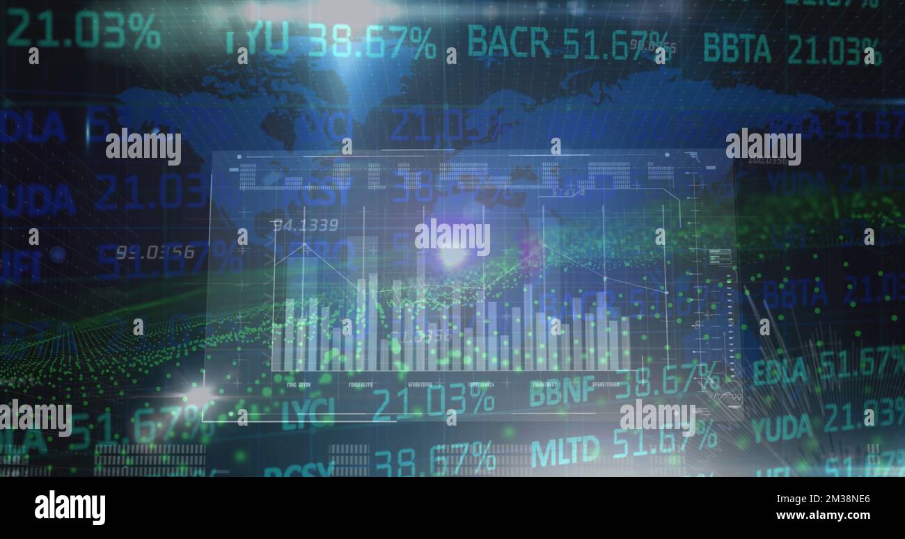 Image of lens flare, trading board, maps and bar graphs against abstract background. Digitally ...