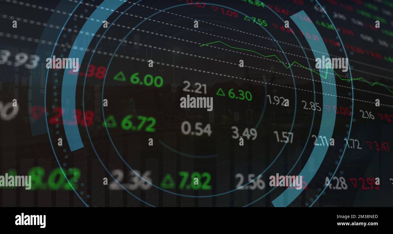 Image of scope scanning with computer icon over stock market on black ...