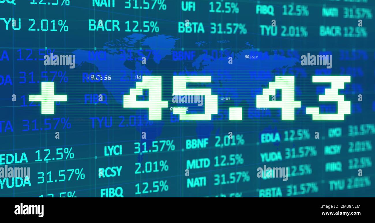 Image of addition symbol with numbers and trading board against map ...