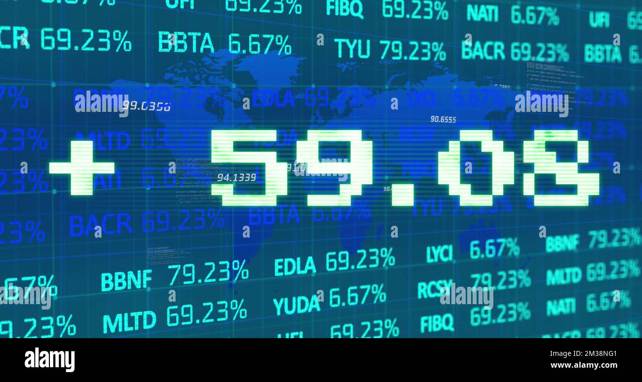 Image of addition symbol with numbers and trading board against map ...