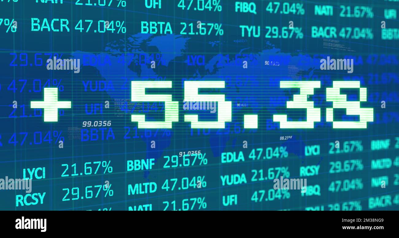 Image of addition symbol with numbers and trading board against map ...