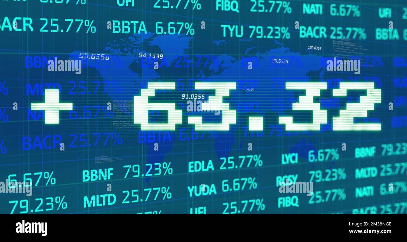 Image of addition symbol with numbers and trading board against map ...
