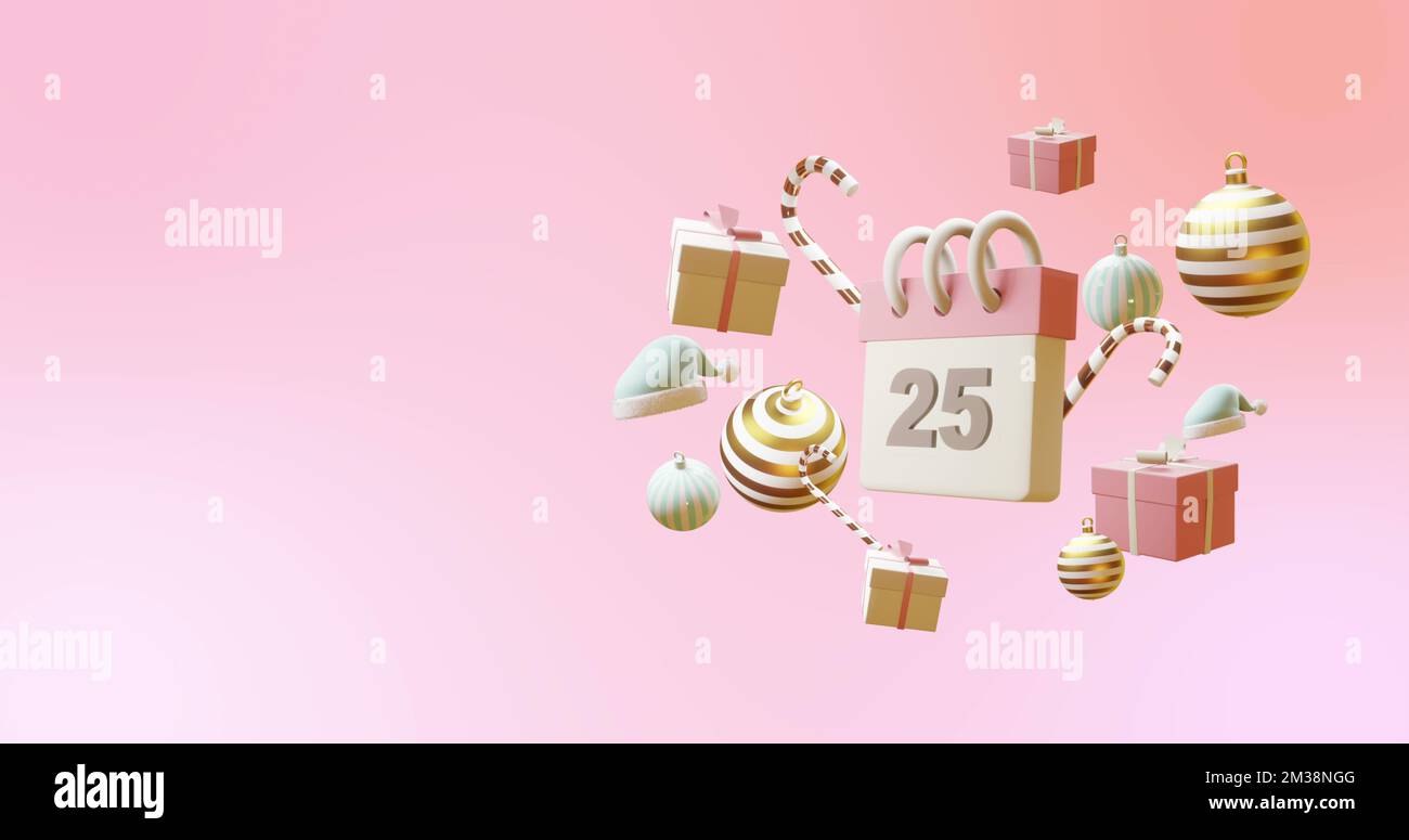 Composition of calendar with number 25 and christmas decorations on ...