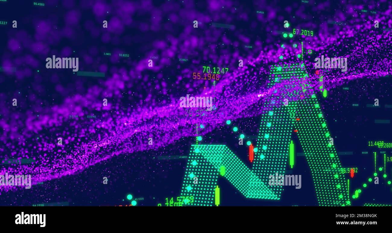 Image of purple wave pattern and green dots forming line graph over ...