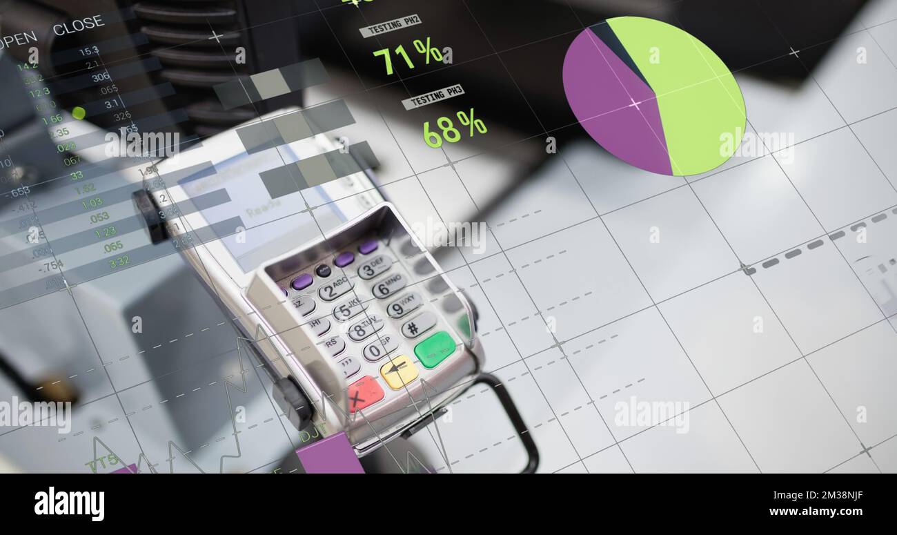 Image of statistics and financial data processing over payment terminal ...