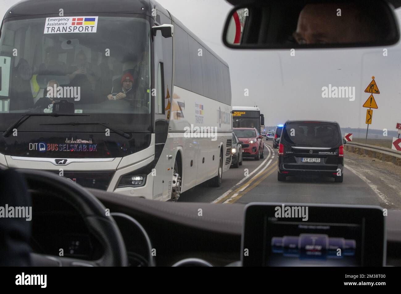 A bus with refugees leaving the Polish border during a field visit to ...