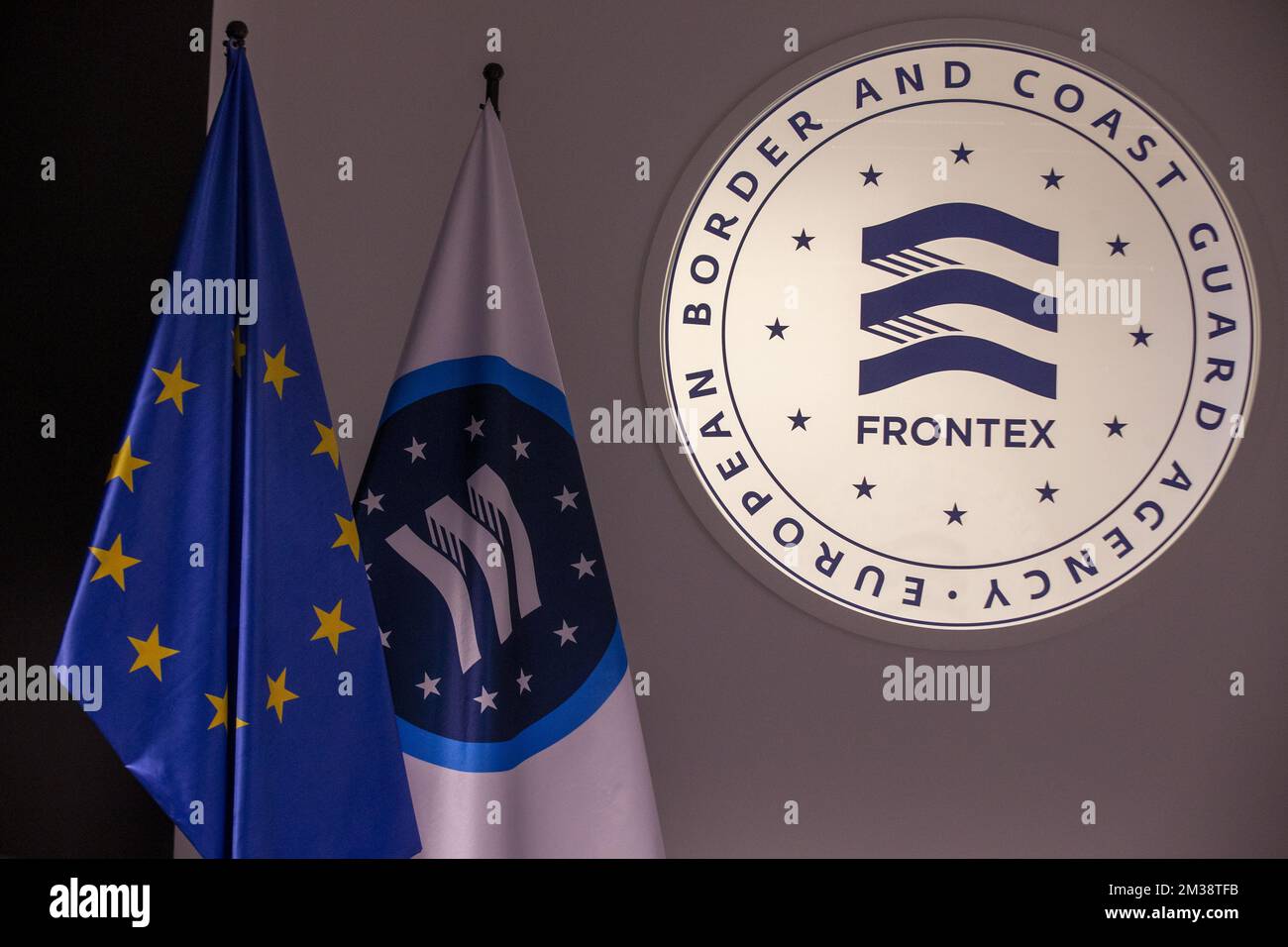 The Frontex logo pictured during a visit to Frontex operations, during ...