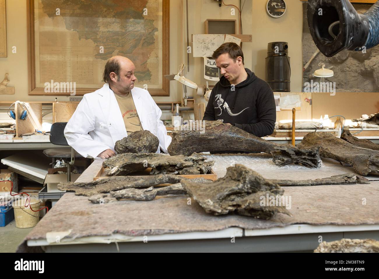 Technician Stephane Berton and Paleontologist Koen Stein pictured ...