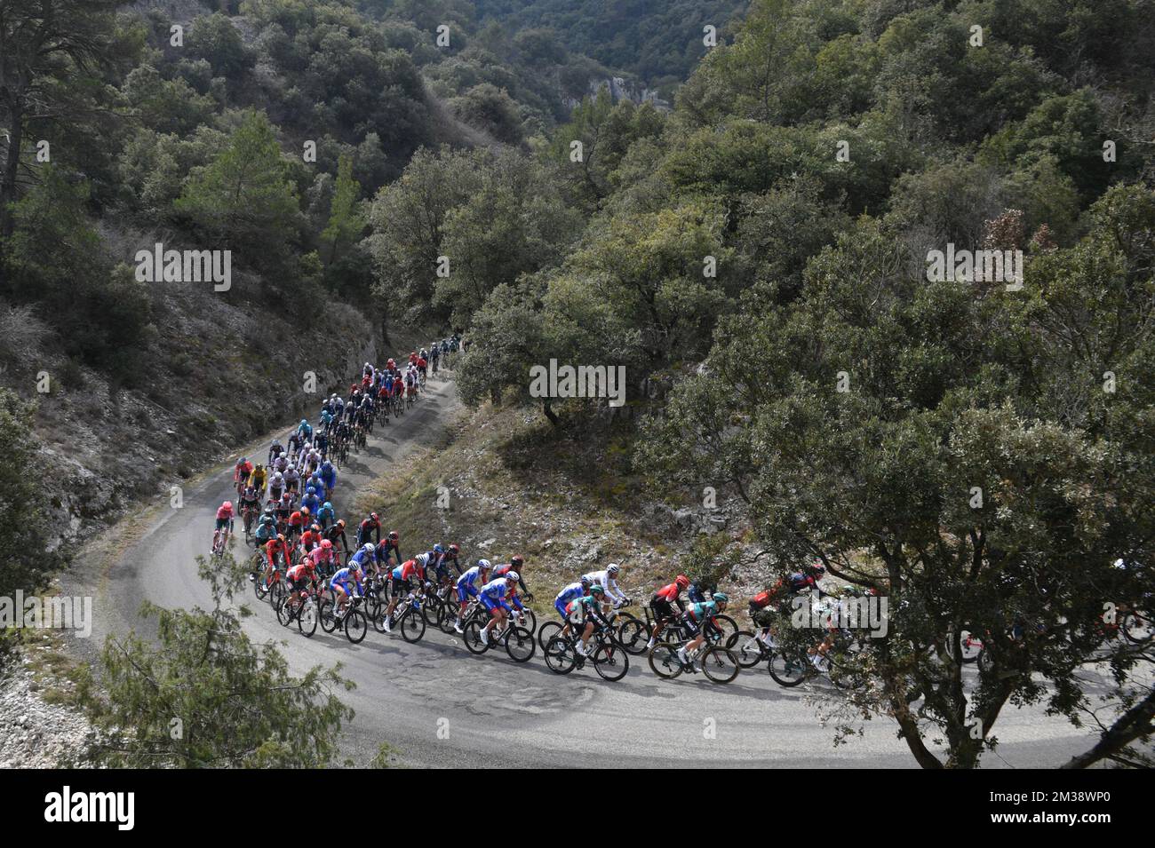 Illustration picture shows the pack of riders in action during stage ...