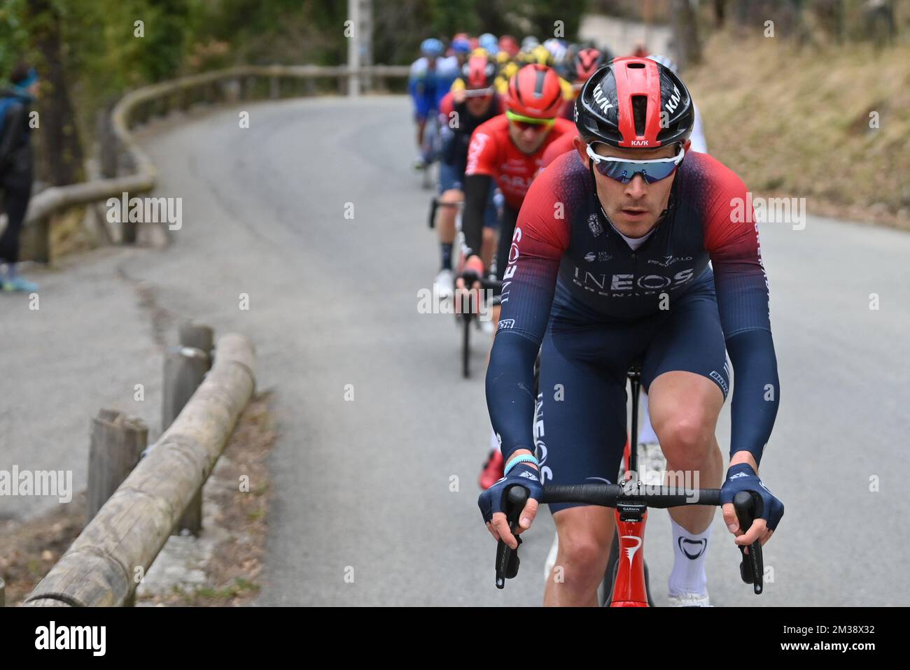 Illustration picture shows the pack of riders in action during stage ...