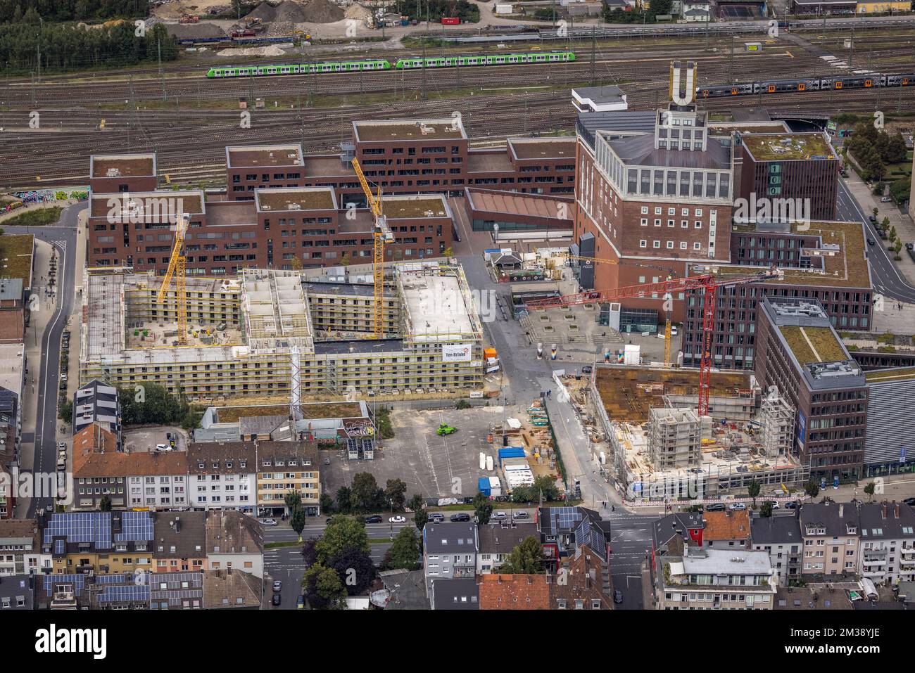 Aerial view, construction site and new building of a residential complex at the Dortmund U-Tower ...