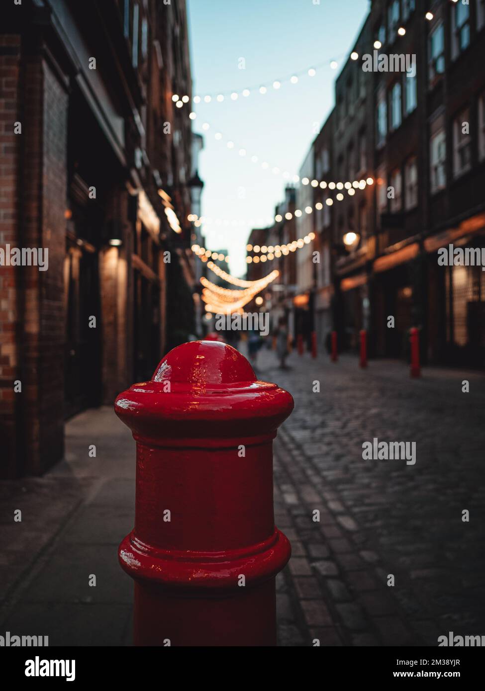 A selective focus shot of a fire hydrant on the street at sunset in ...