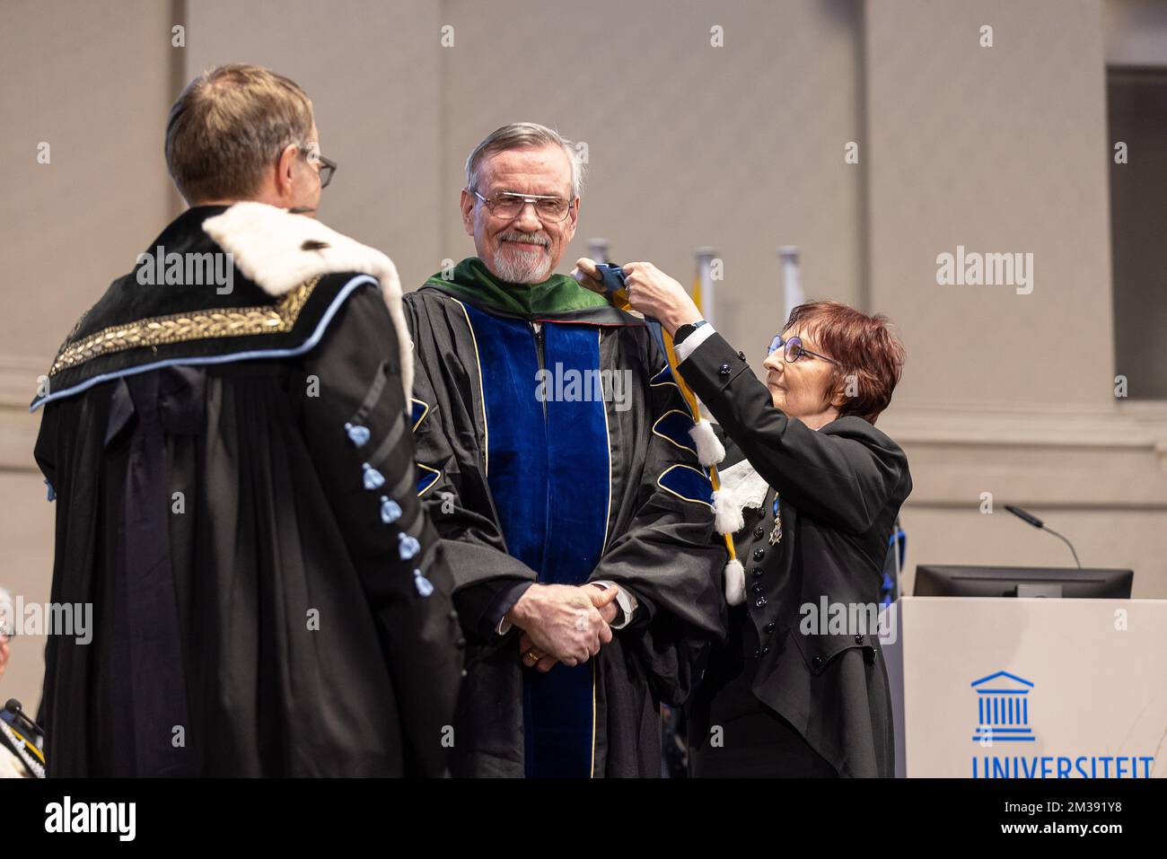 UGent Rector Rik Van de Walle and Barney Graham pictured during a ...