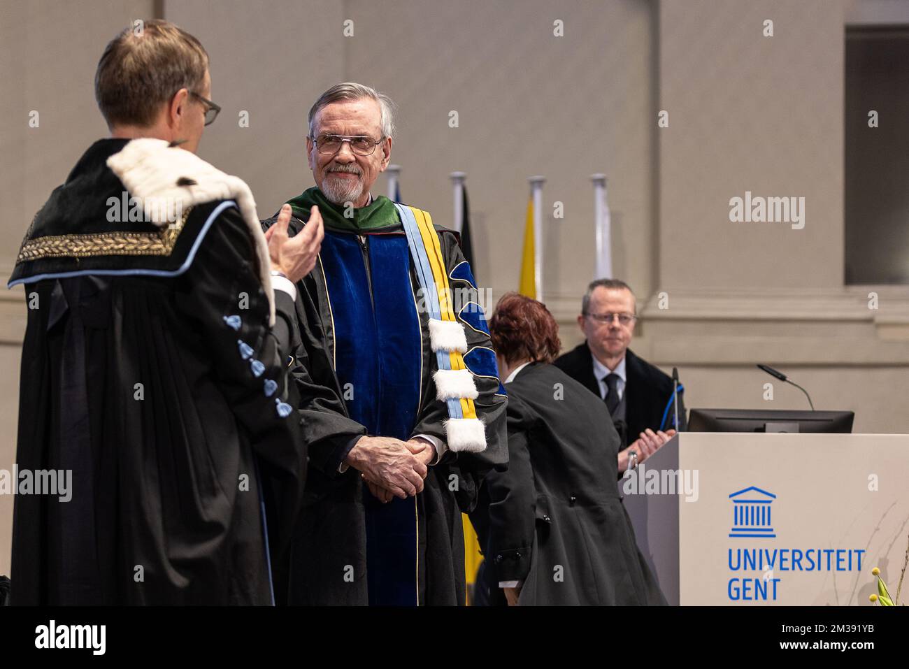 UGent Rector Rik Van de Walle and Barney Graham pictured during a ...