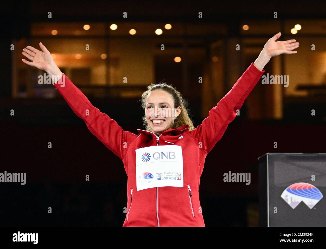 Belgian Noor Vidts winner of the gold medal celebrates on the podium ...