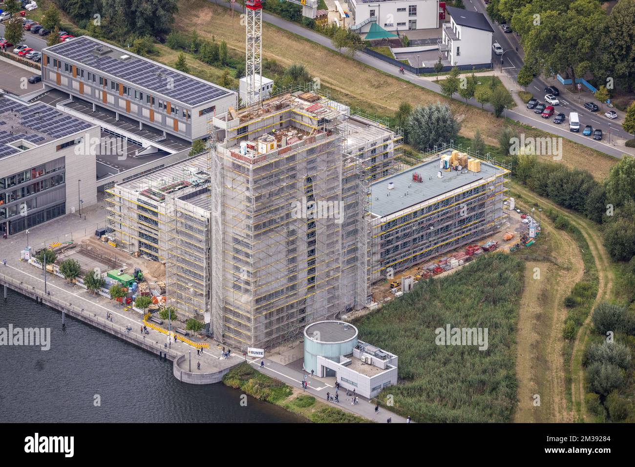 Aerial view, Phoenix lake and construction site for the new building of ...