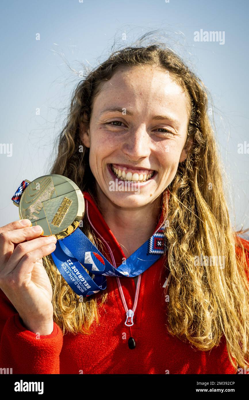 Belgian Noor Vidts poses for the photographer with her golden medal ...