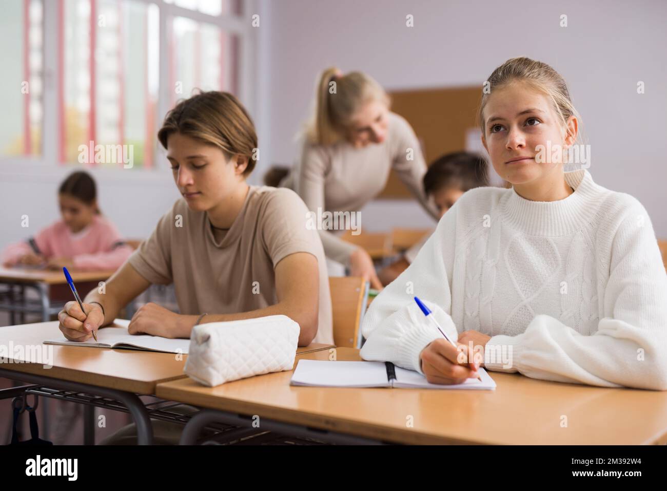 Group of school kids and teacher during lesson Stock Photo - Alamy