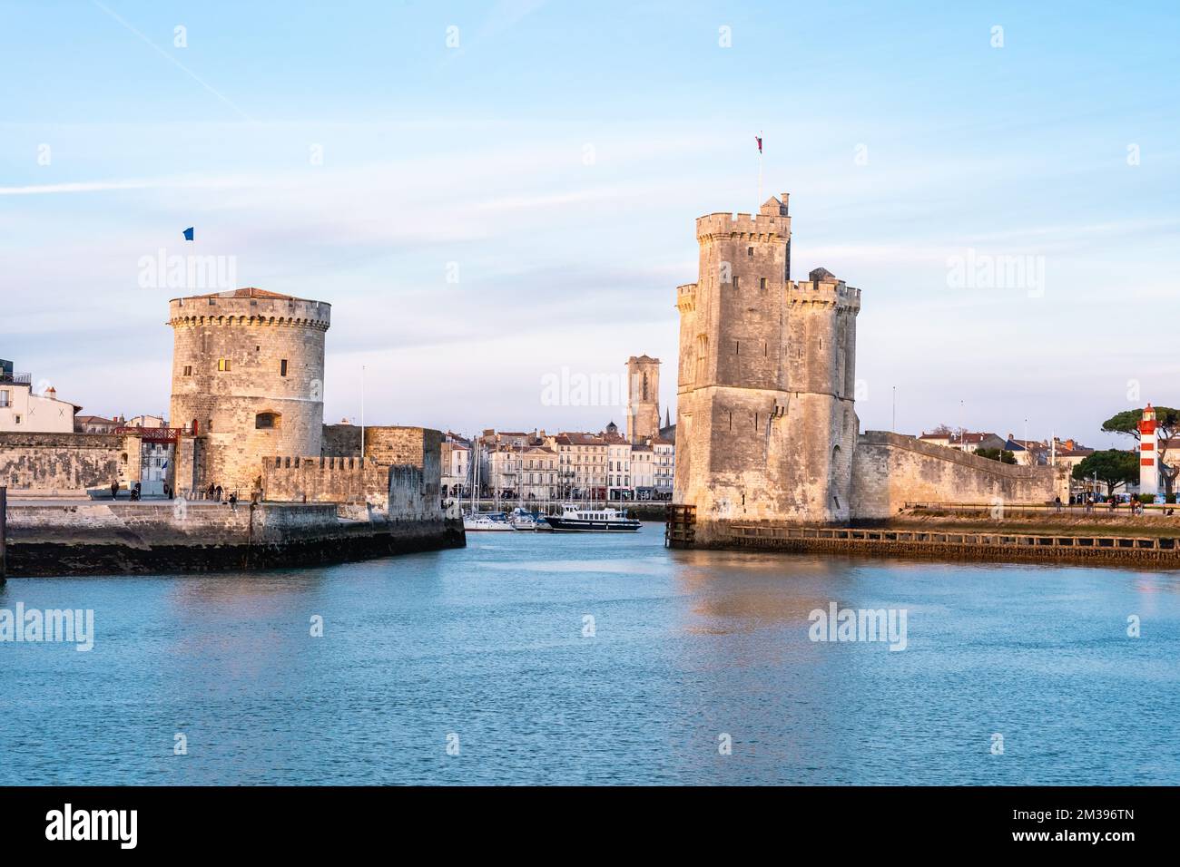 The port of La Rochelle during the blue hour. Panorama of the skyline ...