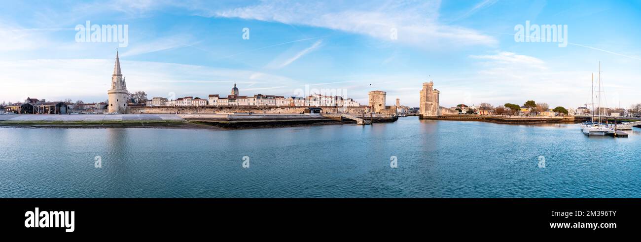 The port of La Rochelle during the blue hour. Panorama of the skyline ...
