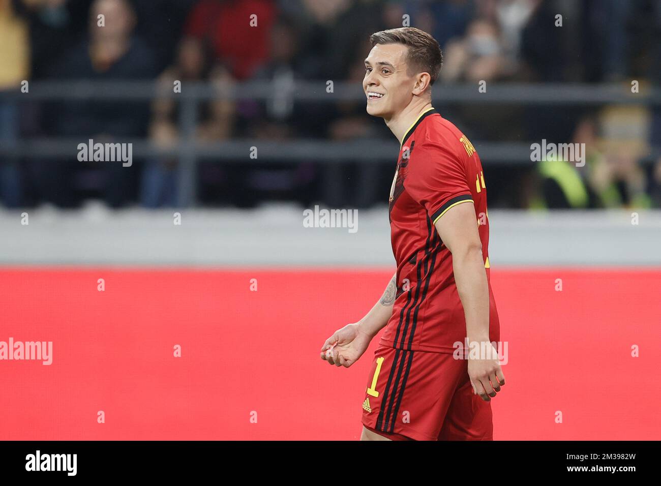 Belgium's Leandro Trossard celebrates after scoring during a friendly ...