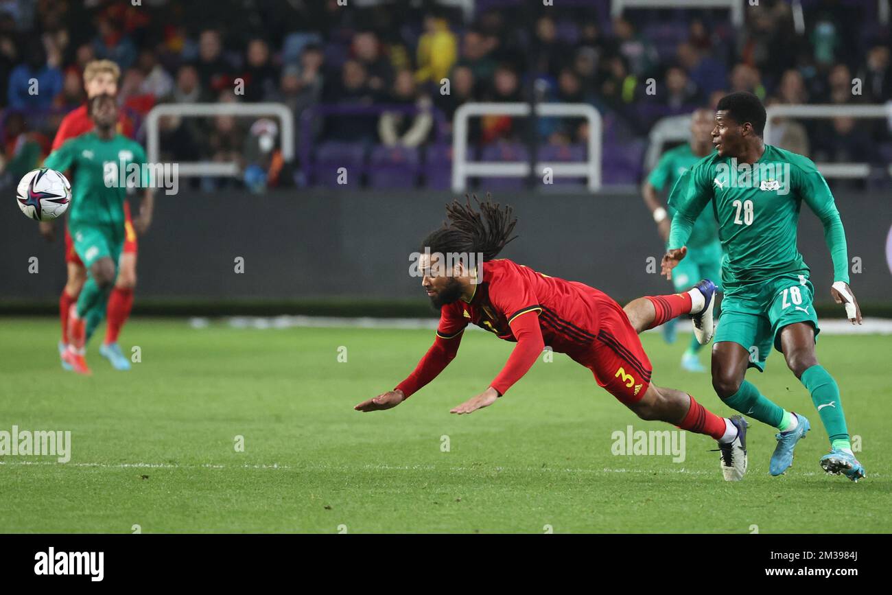 Belgium's Jason Denayer and Burkina Faso's Dango Ouattara fight for the ...