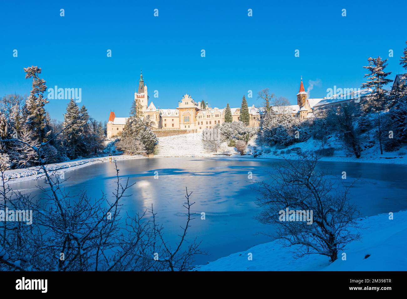 The winter snowy scenery of Pruhonice Castle and the Podzamecky pond in ...