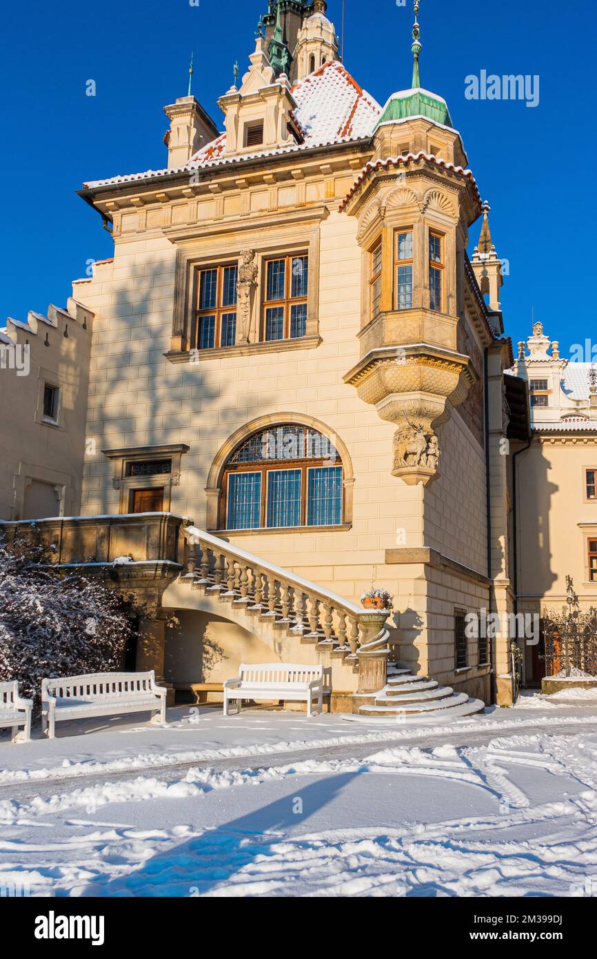 The winter snowy scenery of Pruhonice Castle in the Pruhonice Park on ...