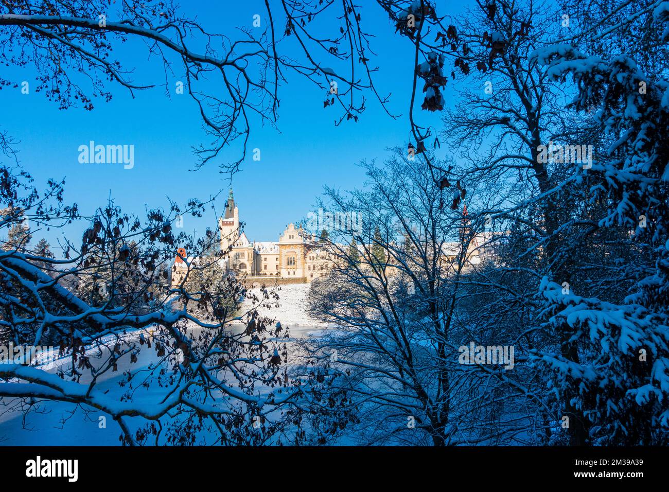 The winter snowy scenery of Pruhonice Castle and the Podzamecky pond in ...
