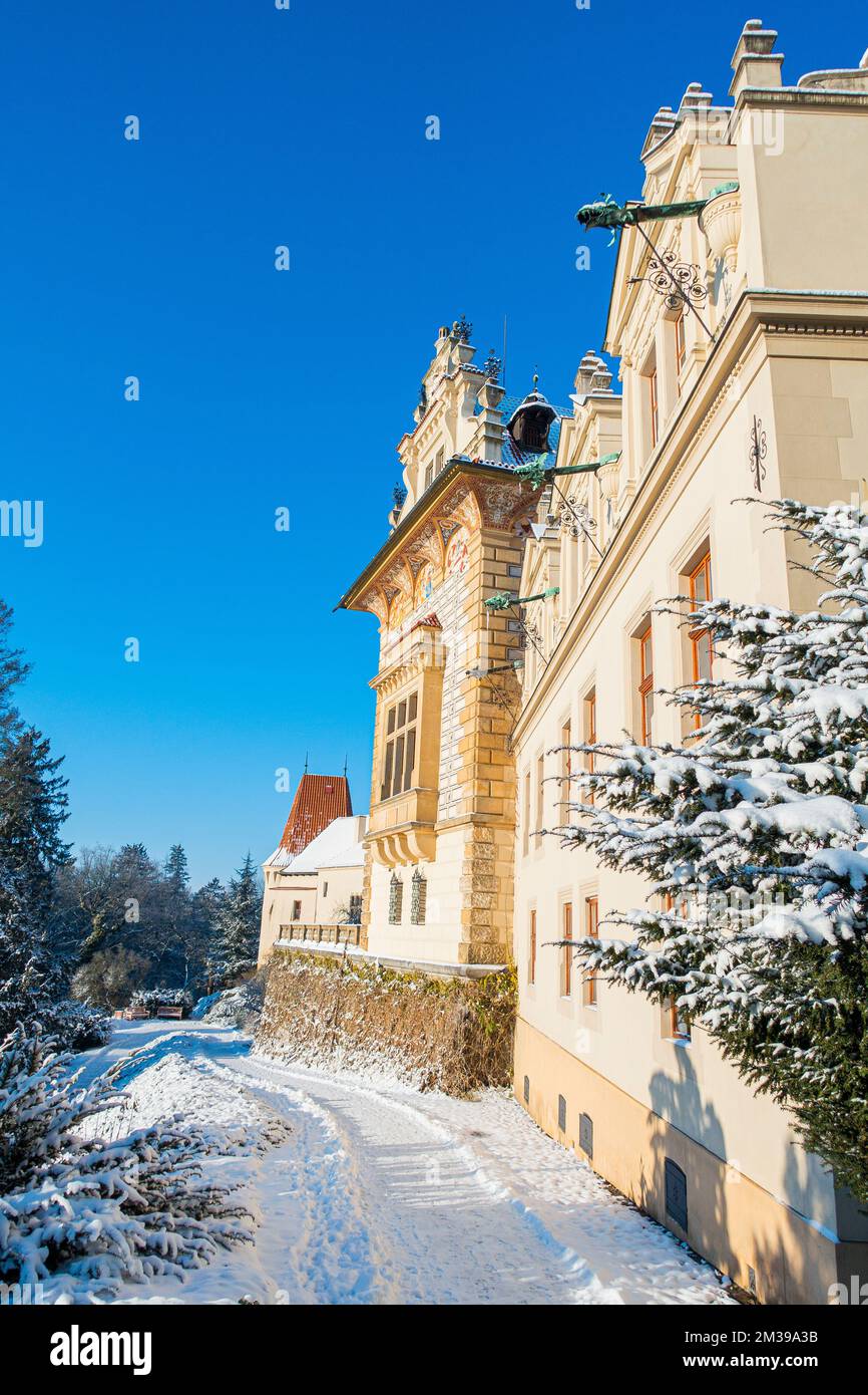 The winter snowy scenery of Pruhonice Castle in the Pruhonice Park on ...