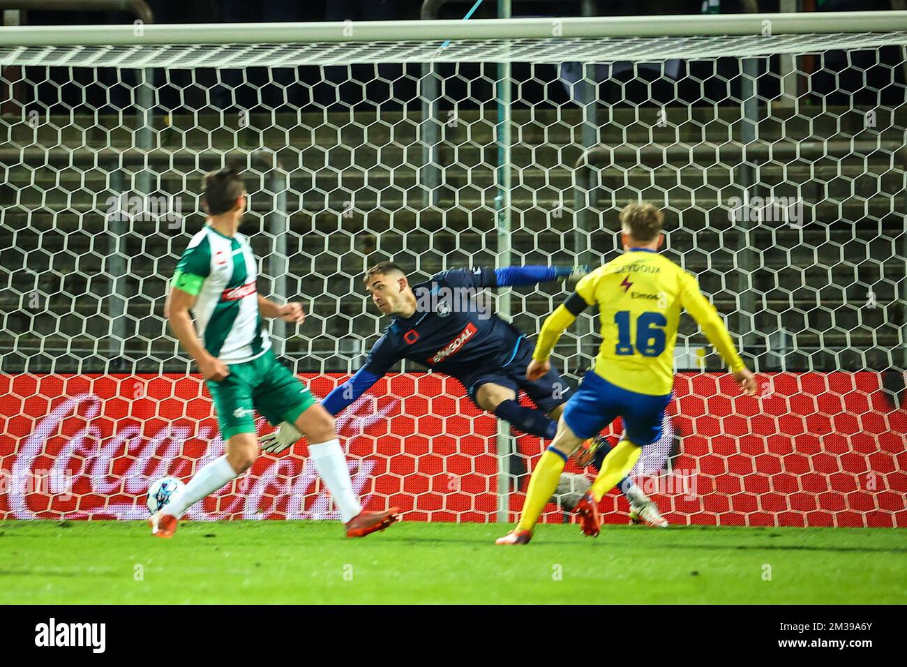Westerlo's Leo Seydoux scores a goal during a soccer match between ...