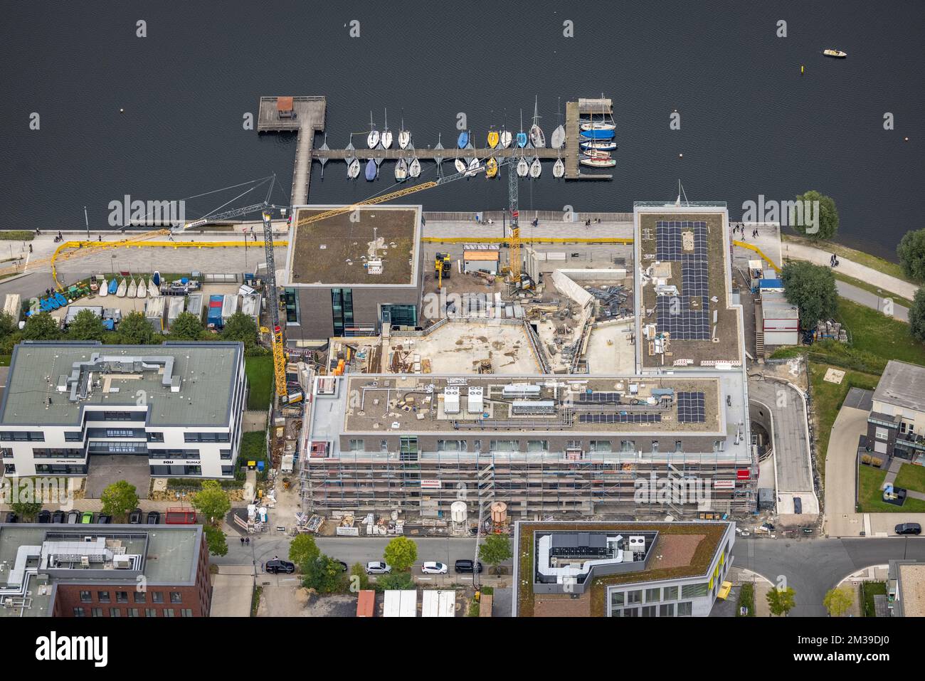 Aerial view, Phoenix lake with construction site and new building for ...